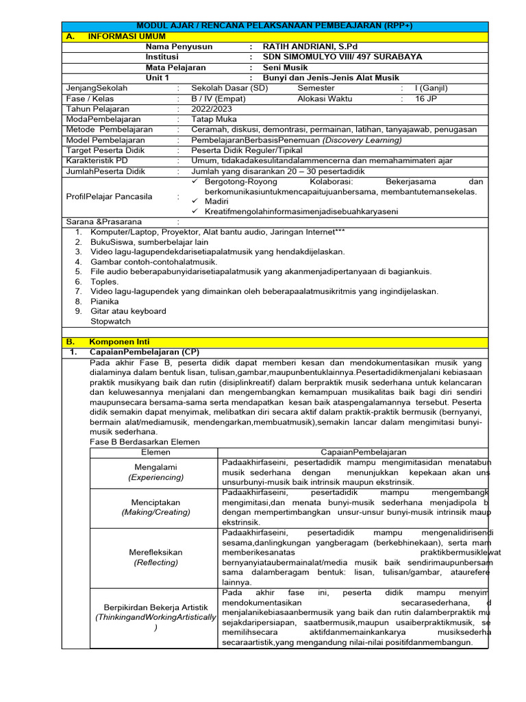 RPP Seni Musik Kls IV Sms 1 | PDF