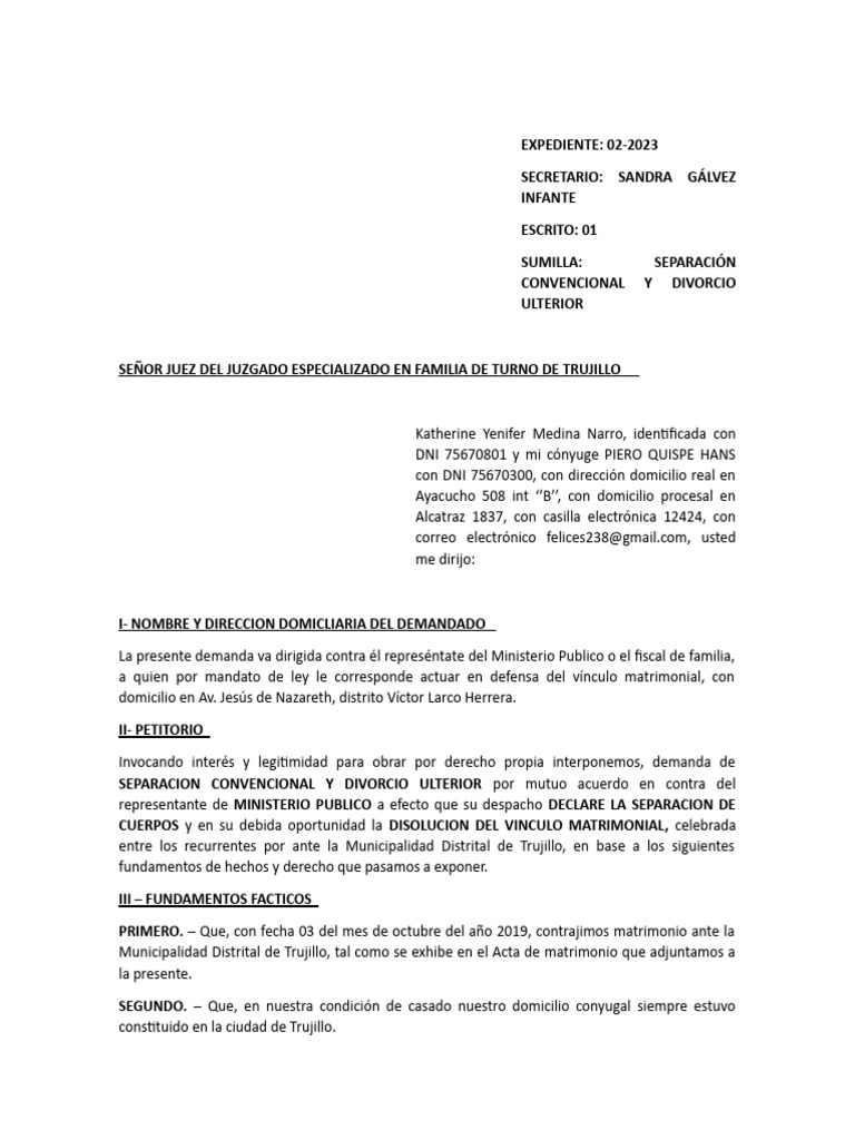 Demanda Separacion Convencional y Divorcio Ulterior Modelos | PDF ... Demanda Separacion Convencional y Divorcio Ulterior Modelos | PDF ...