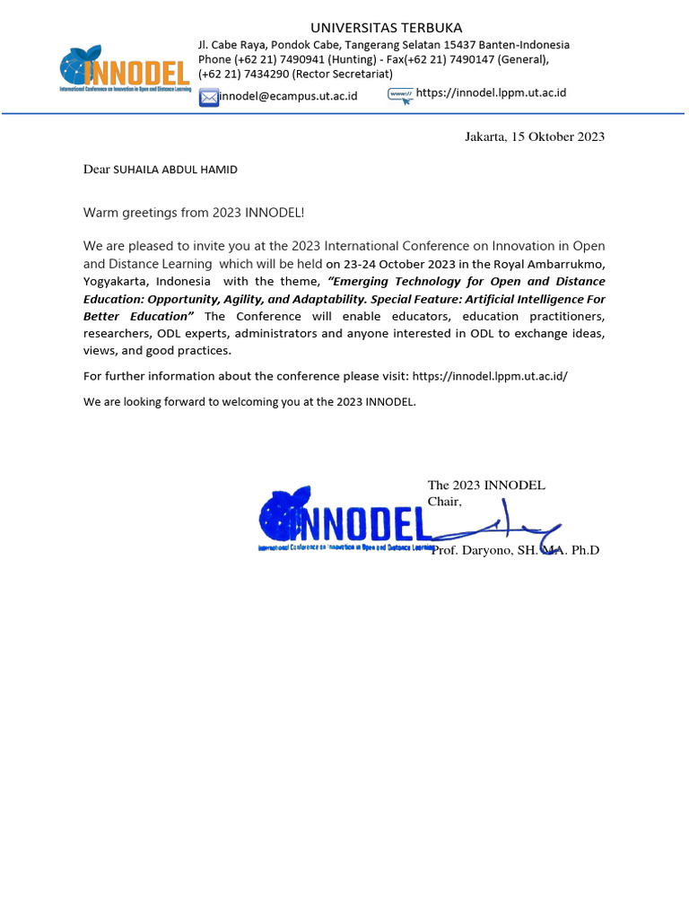 Invitation Letter INNODEL 2023 - SUHAILA ABDUL HAMID | PDF | Art