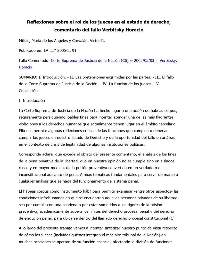 Reflexiones Sobre El Rol de Los Jueces en El Estado de Derecho, Comentario Del Fallo Verbitsky ...