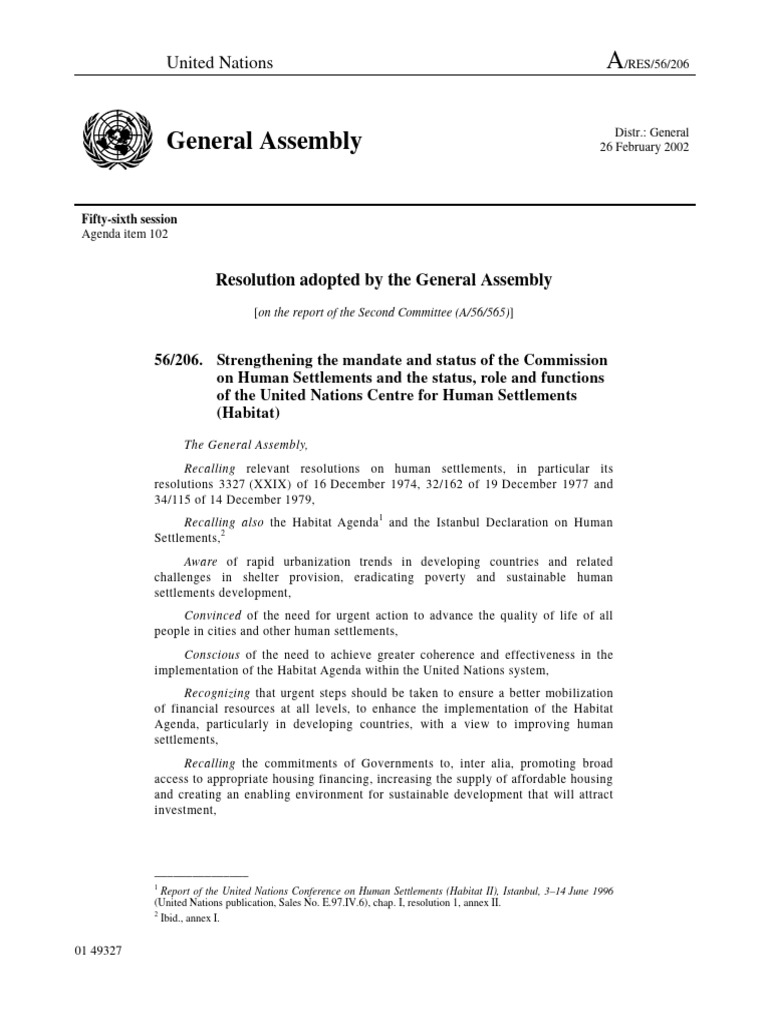(2001) UN Resolution A - RES - 56 - 206 | PDF | United Nations Human ...