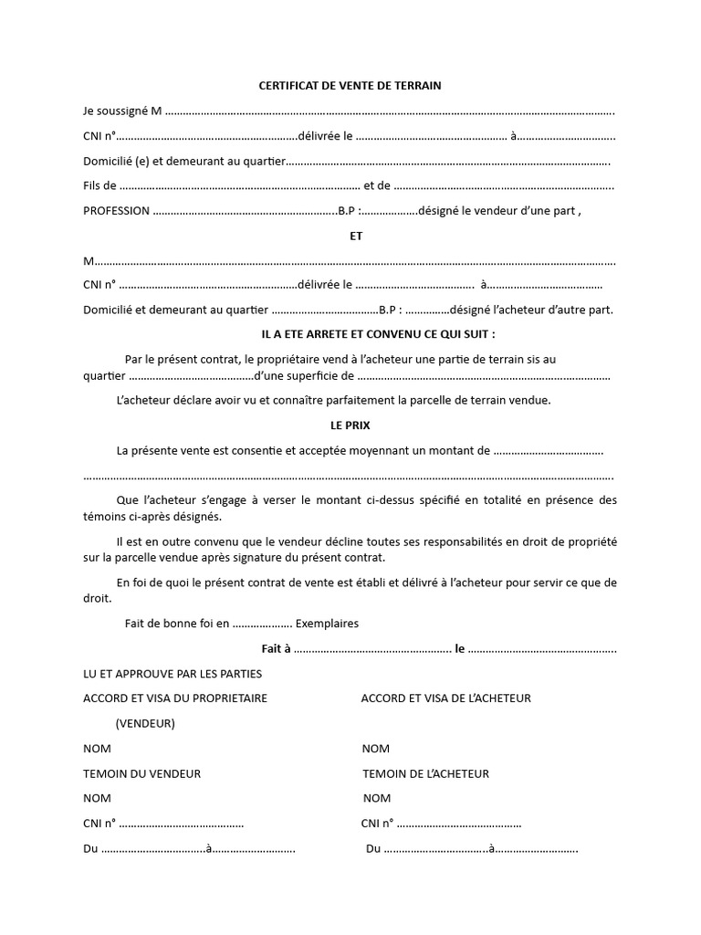 Certificat de Vente de Terrain | PDF | Droit