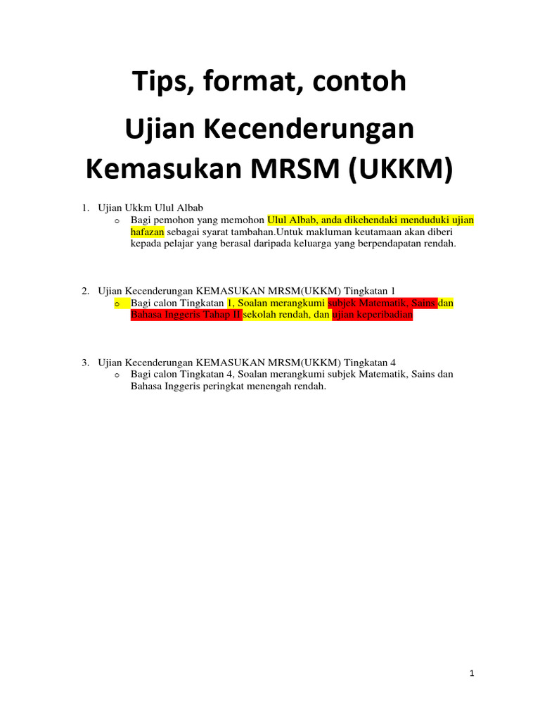 Tips Ujian Kemasukan MRSM | PDF