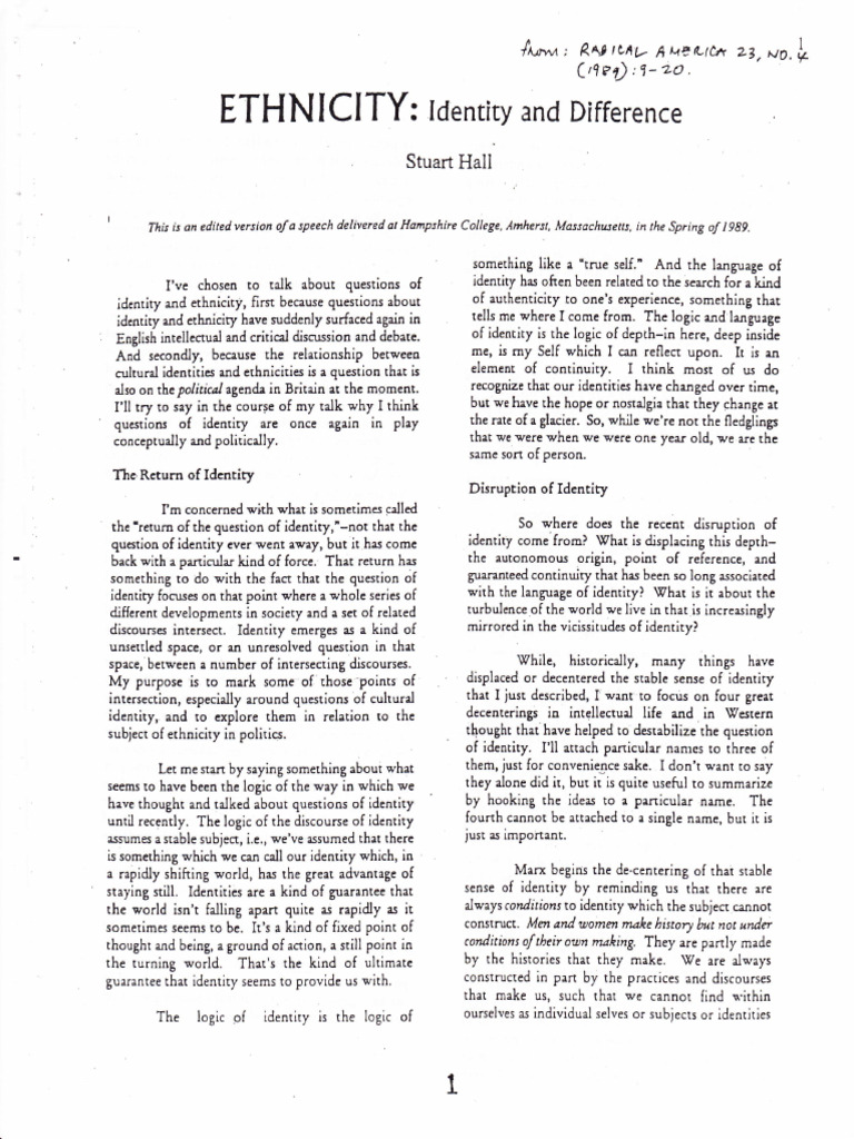 17.-Hall, Stuart - Ethnicity - Identity and Difference. | PDF ...