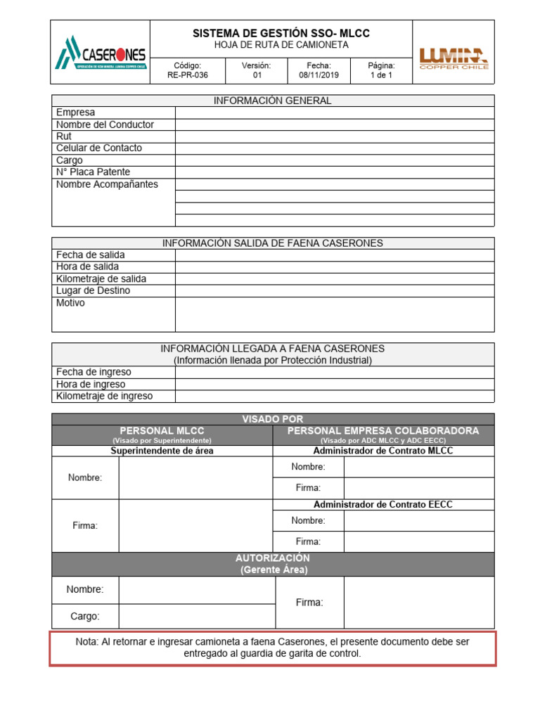 RE-PR-036 Hoja de Ruta Camioneta (08!11!2019) | PDF