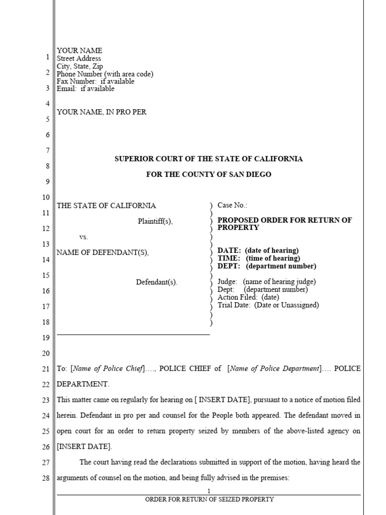 Proposed Order for Return of Property | PDF | Pro Se Legal ...
