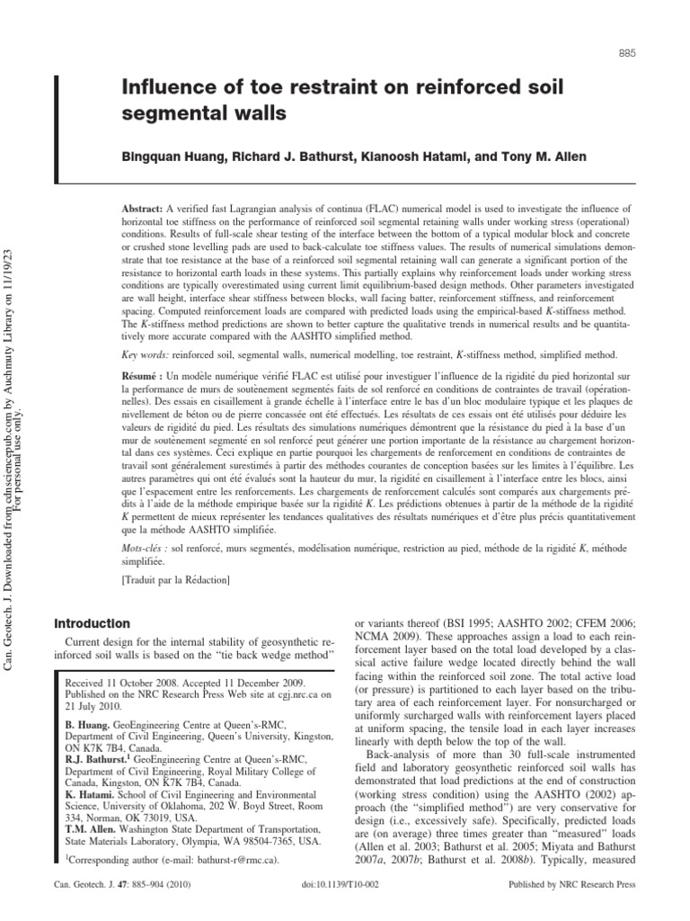 Huang Et Al 2010 Influence of Toe Restraint On Reinforced Soil ... Huang Et Al 2010 Influence of Toe Restraint On Reinforced Soil ...