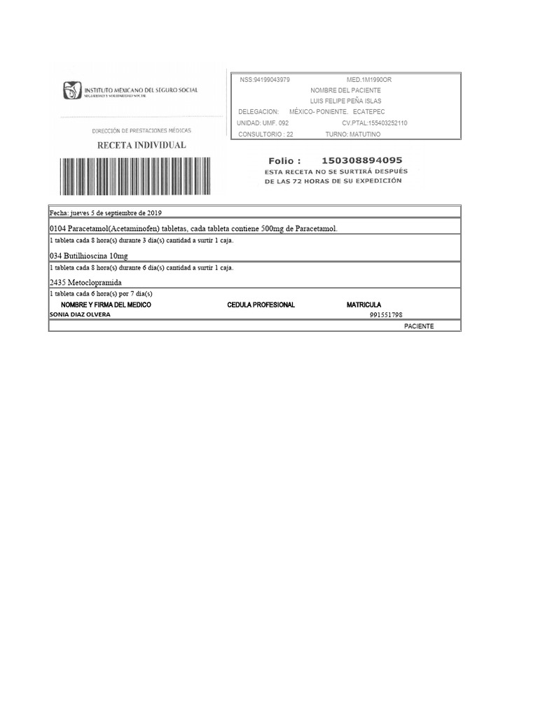 Receta IMSS: Paracetamol y Metoclopramida | PDF