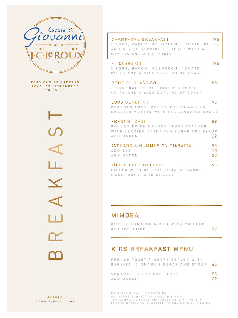 J.C. Le Roux Breakfast & Lunch Menu | PDF | Tomato Sauce | Pizza
