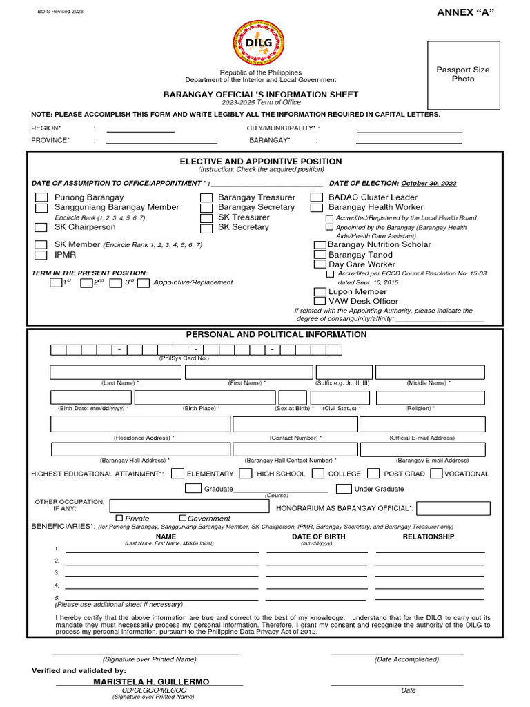 Barangay Officials Information Sheet 2023-2025 | PDF