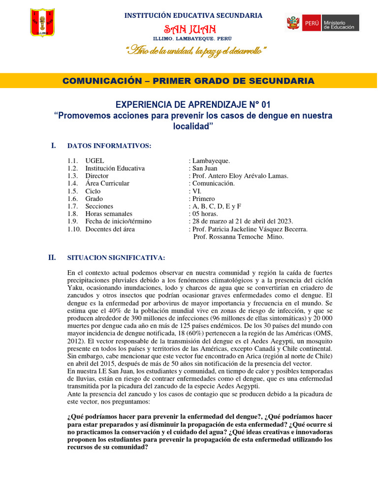 Experiencia de Aprendizaje N°01 | PDF | Aprendizaje | Aedes aegypti