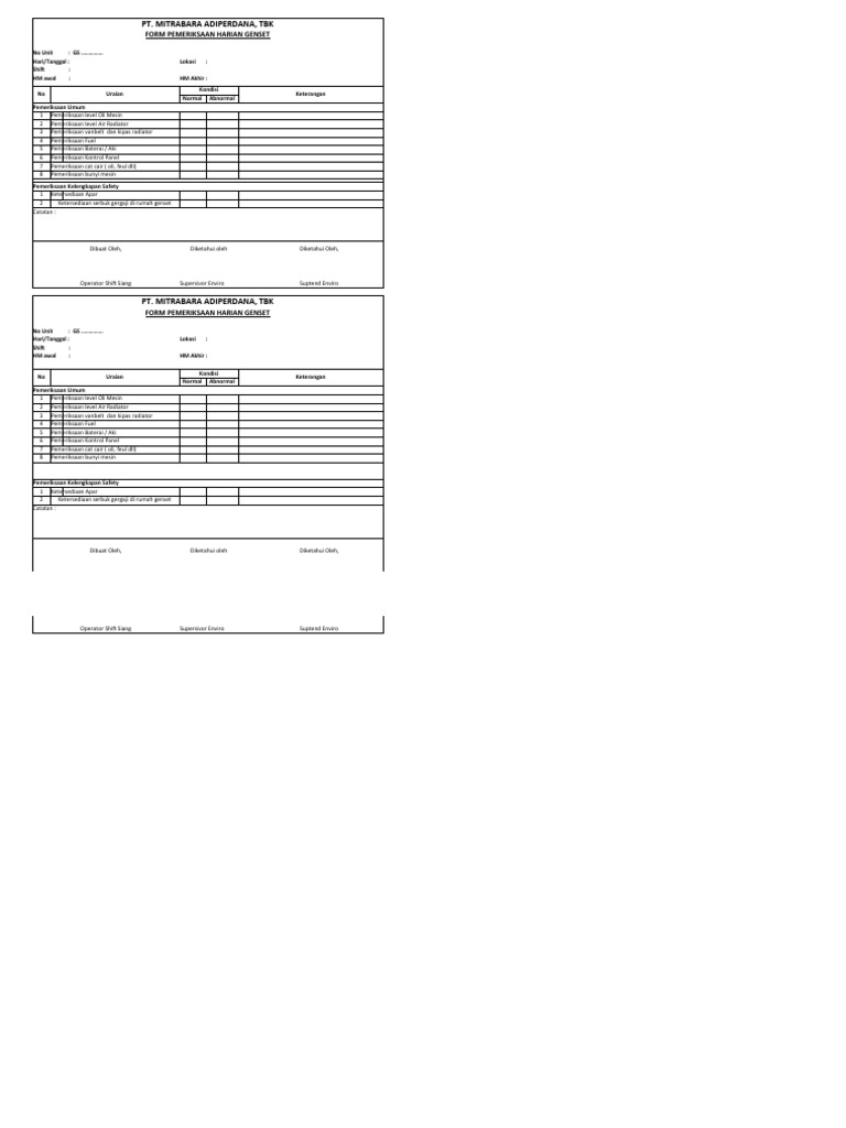 Form Daily Checklist Genset | PDF