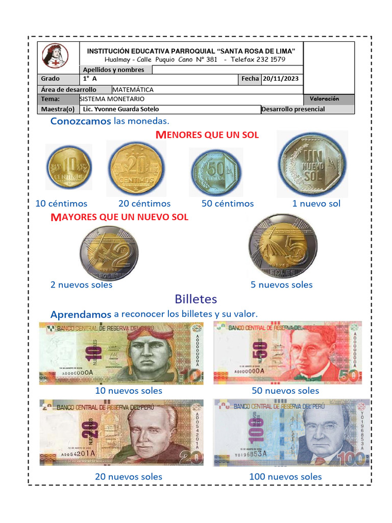 GUIA MATEMATICA SISTEMA MONETARIO Lunes 20 | PDF | Moneda | Dinero