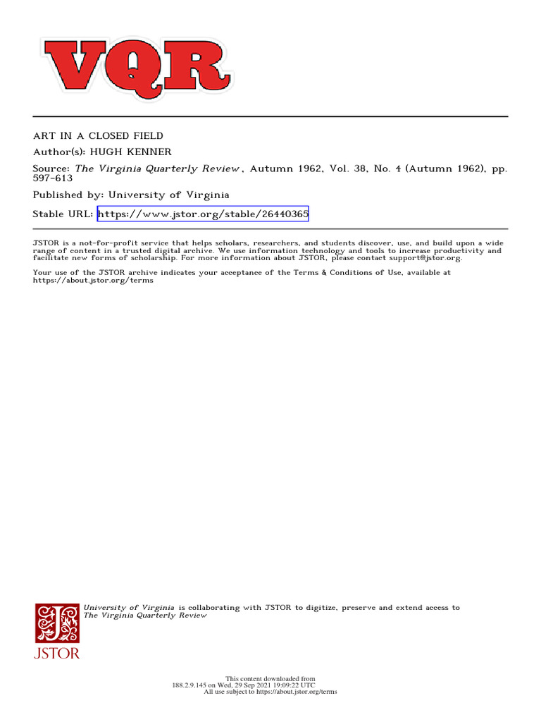 Hugh Kenner - Art in A Closed Field | PDF | Ulysses (Novel) | Poetry