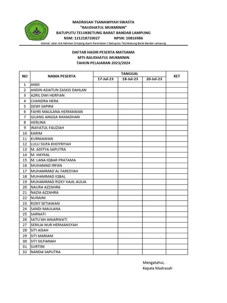 DAFTAR HADIR PESERTA DAN PEMATERI MATSAMA | PDF