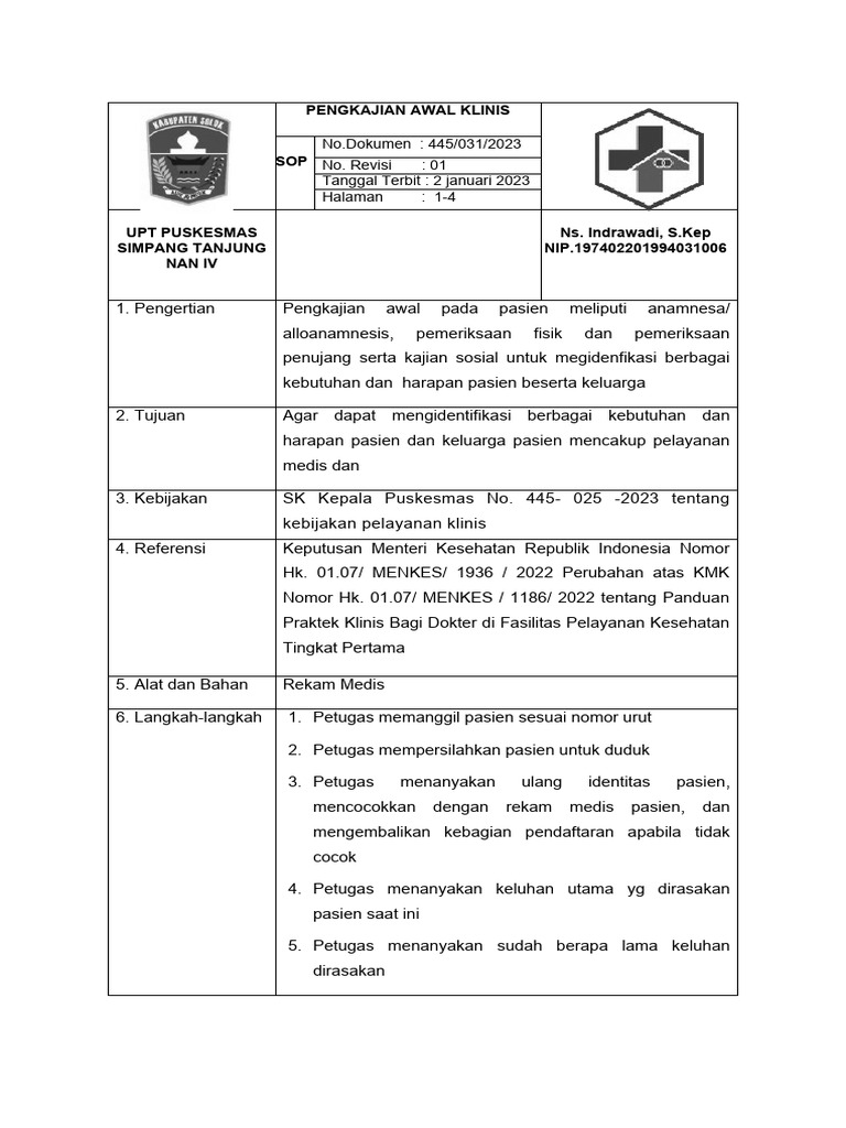 Sop Pengkajian Awal Klinis | PDF | Kesehatan Holistik