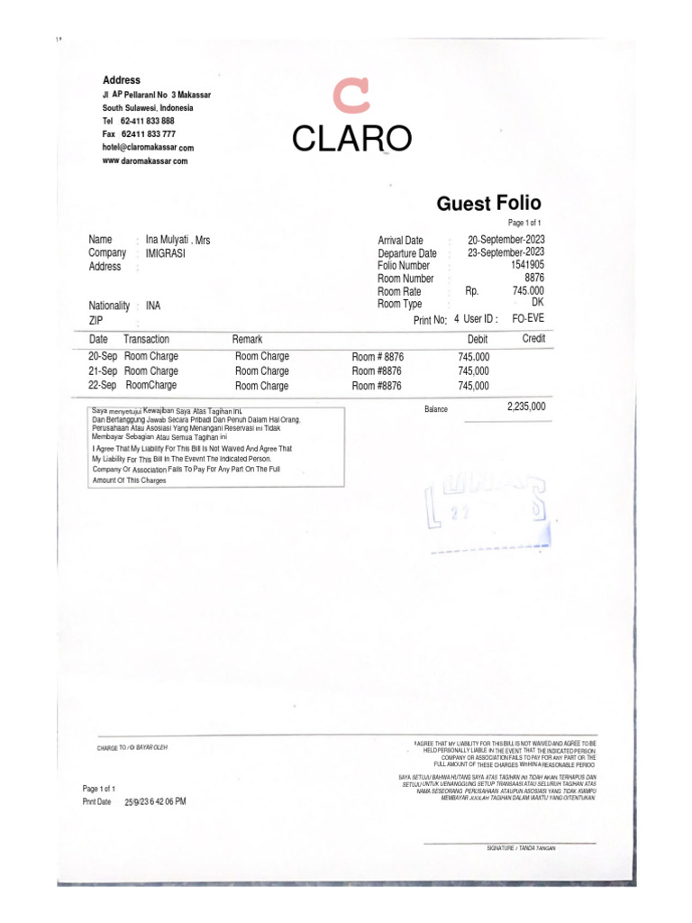 Claro: Guest Folio | PDF