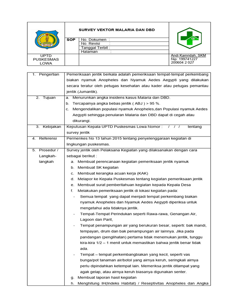 Sop Survey Vektor Malaria Dan DBD | PDF