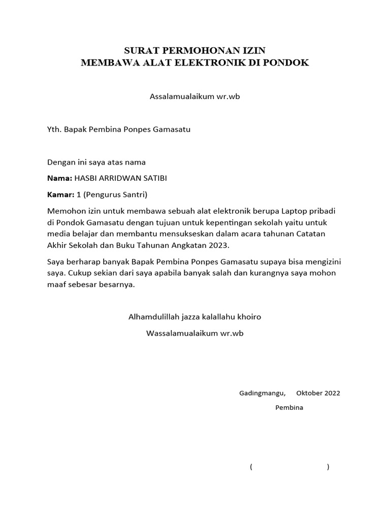 Surat Permohonan Izin Membawa Alat Elektronik Di Pondok | PDF