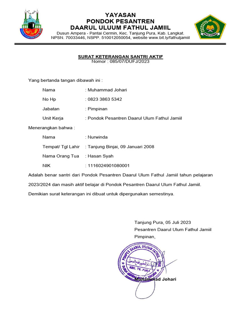 Surat Keterangan Santri Aktif 2023 | PDF