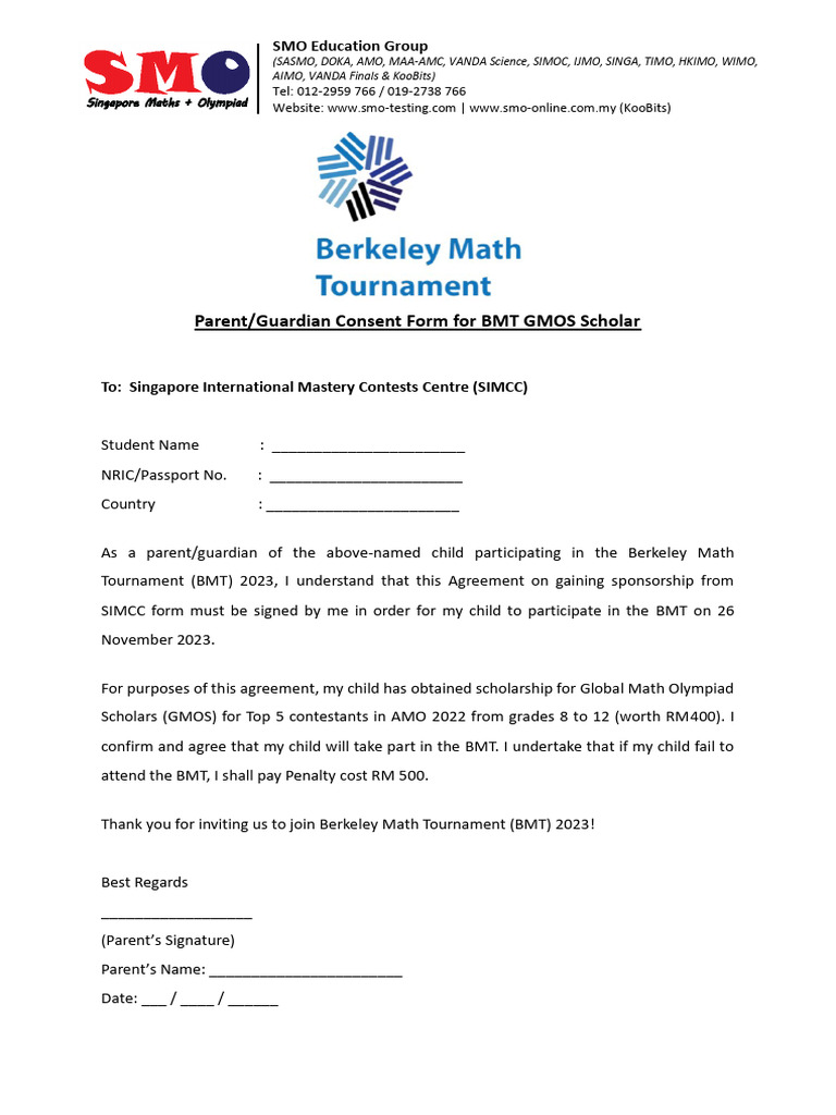 Parent Consent Letter - BMT | PDF