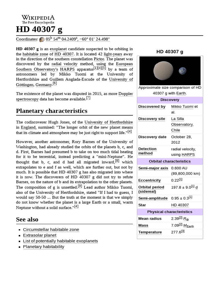 Planetary Characteristics: HD 40307 G Is An Exoplanet Candidate ...