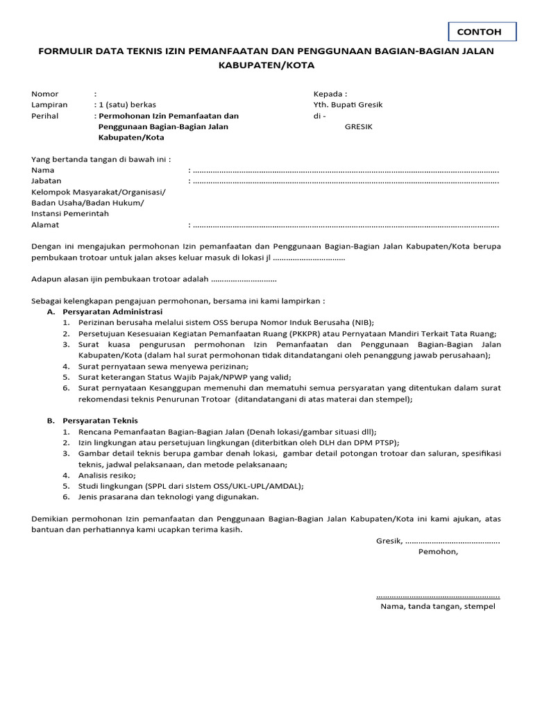 Contoh Formulir Permohonan Pbumku Rekomtek Penurunan Trotoar | PDF