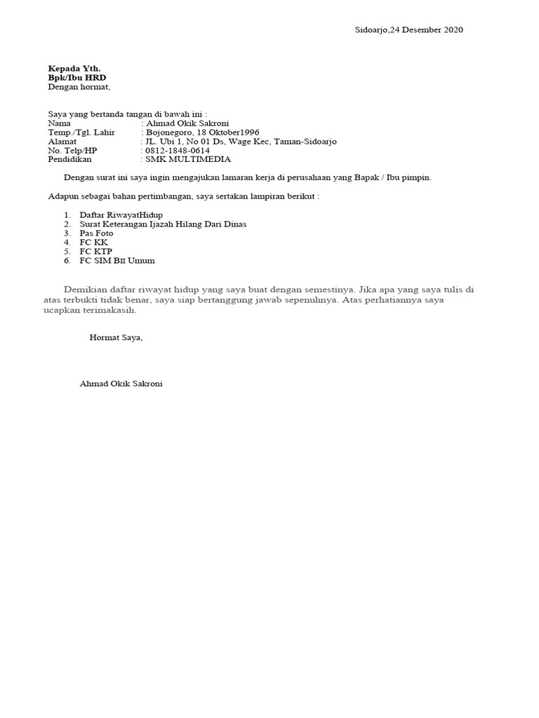 File Surat Lamaran Kerja (Okik) | PDF