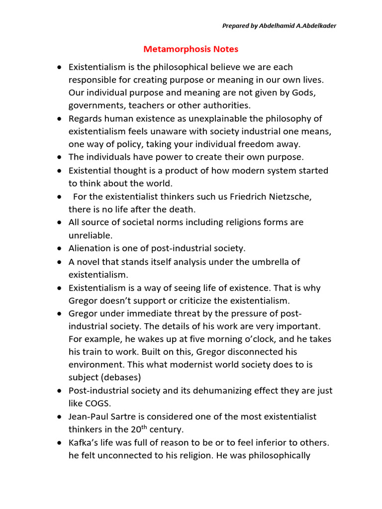 Metamorphosis Notes | PDF | Existentialism | The Metamorphosis