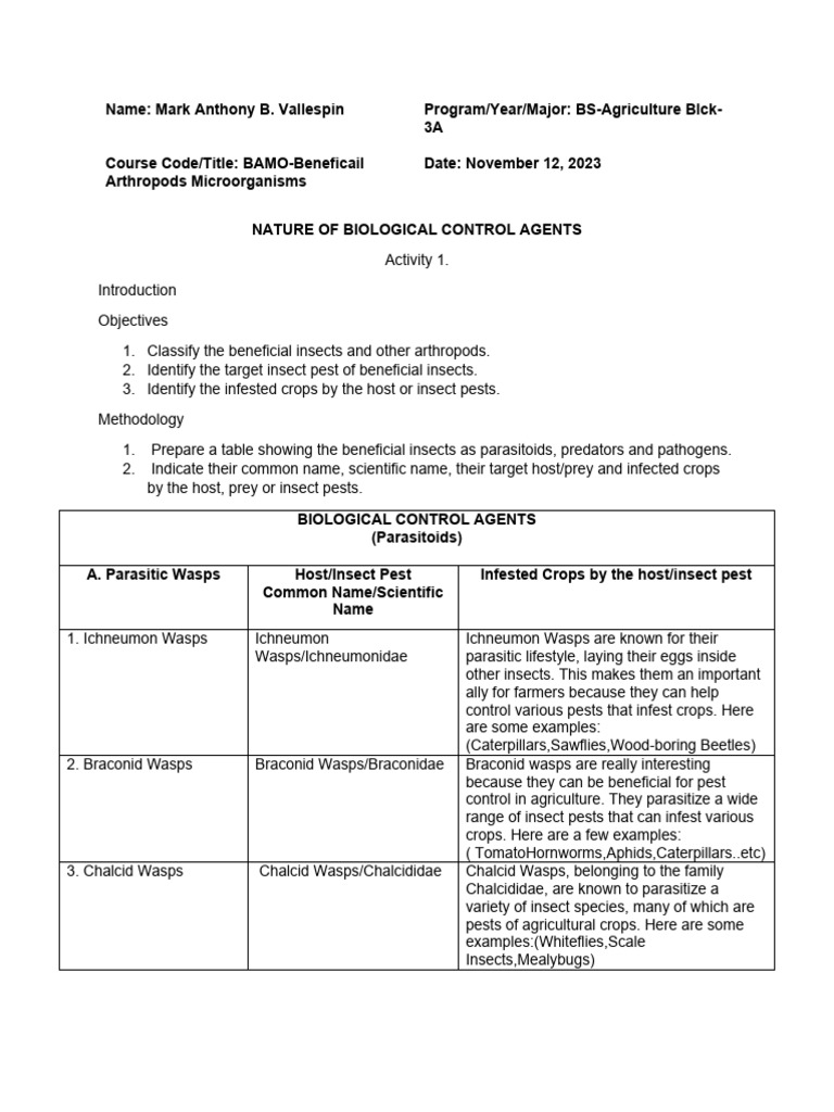 Lab. 1 Nature of Biological Control Agents | PDF | Biological Pest ...