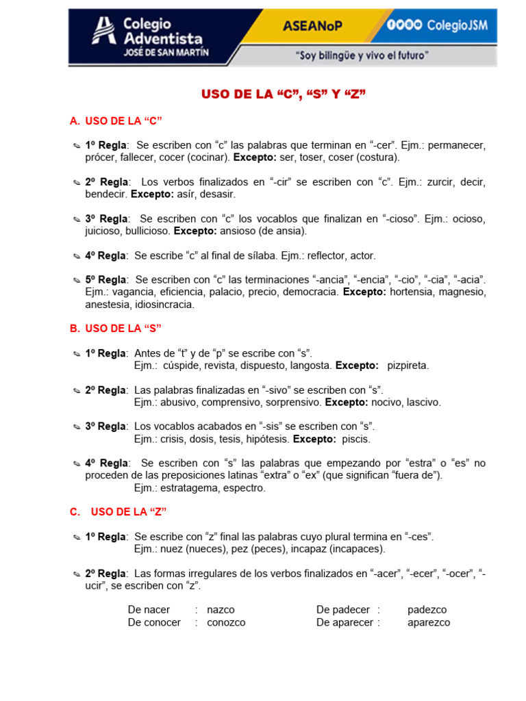 Uso de La "C", "S" Y "Z" | PDF | Sintaxis | Idiomas