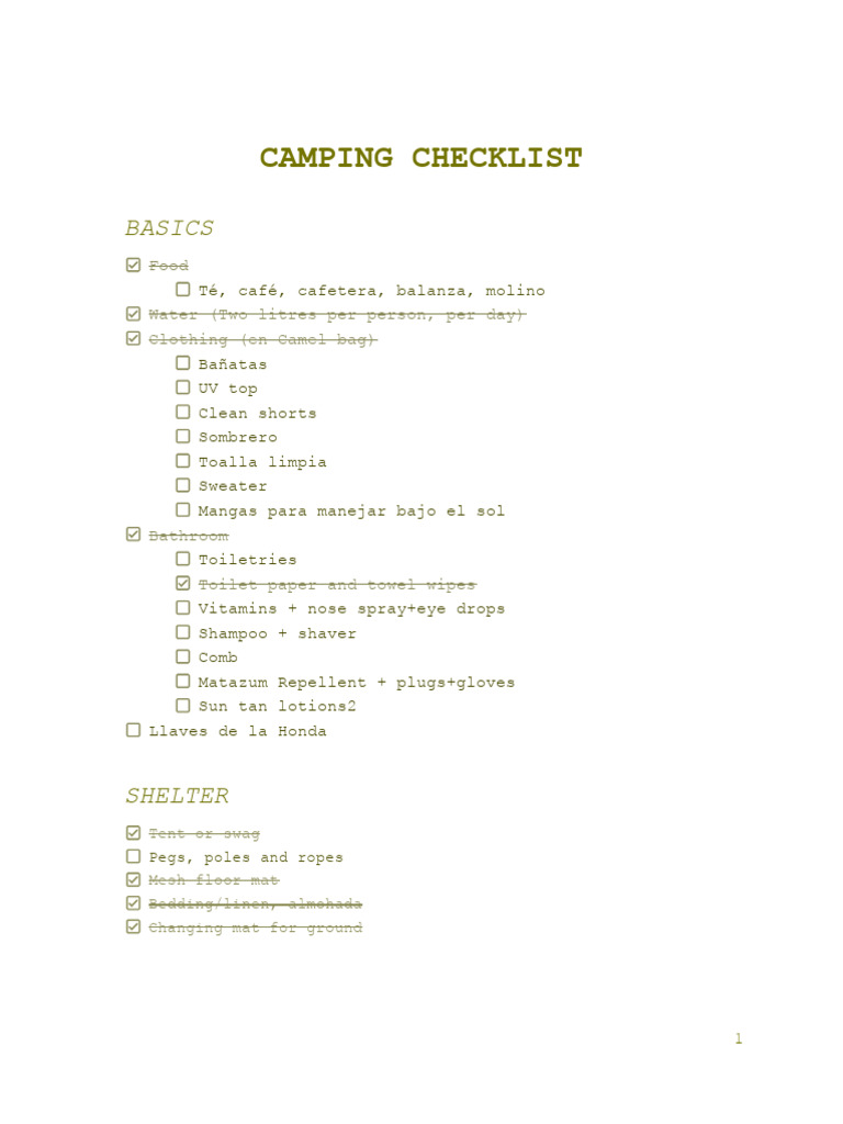 Camping Checklist | Download Free PDF | Domestic Implements ...