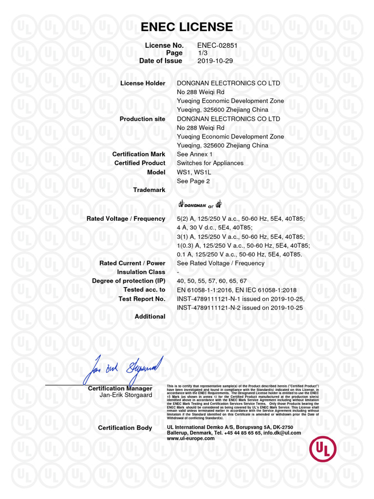 ENEC License for Appliance Switches | PDF | Electric Power | Electricity