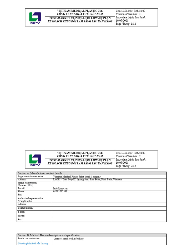 Template For PMCF Plan-EN&VN | PDF