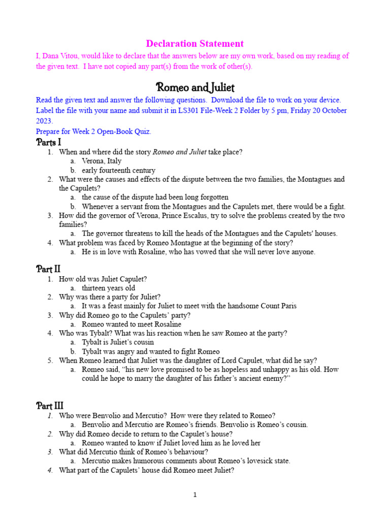 Romeo and Juliet Comprehension Guide | PDF | Characters In Romeo And ...