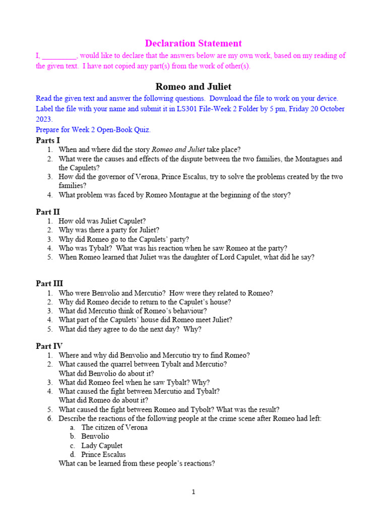 Romeo&Juliet Comprehension Questions | PDF | Characters In Romeo And ...