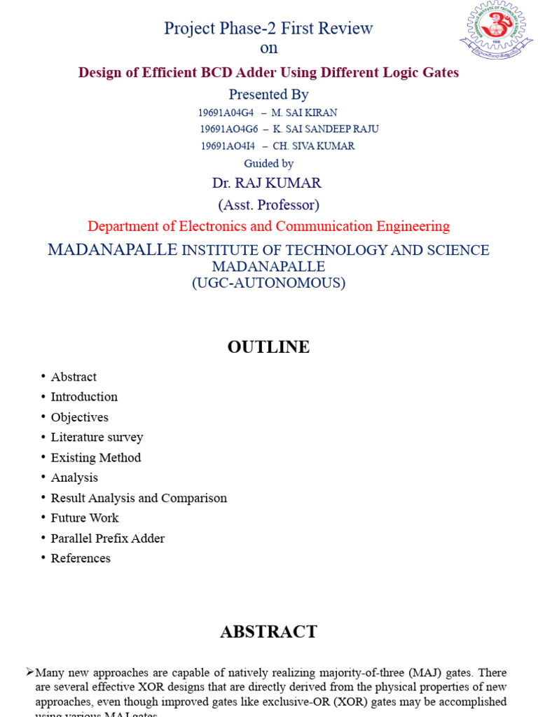 Project Phase-2 First Review On: Design of Efficient BCD Adder Using ...