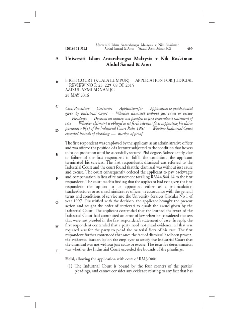 Universiti Islam Antarabangsa Malaysia V Nik Roskiman Abdul Samad & Anor | PDF | Lawsuit ...