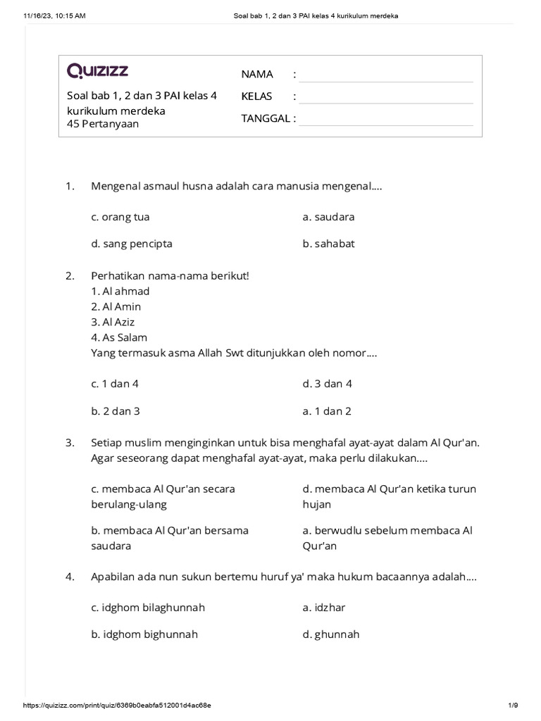 Soal Bab 1, 2 Dan 3 PAI Kelas 4 Kurikulum Merdeka | PDF