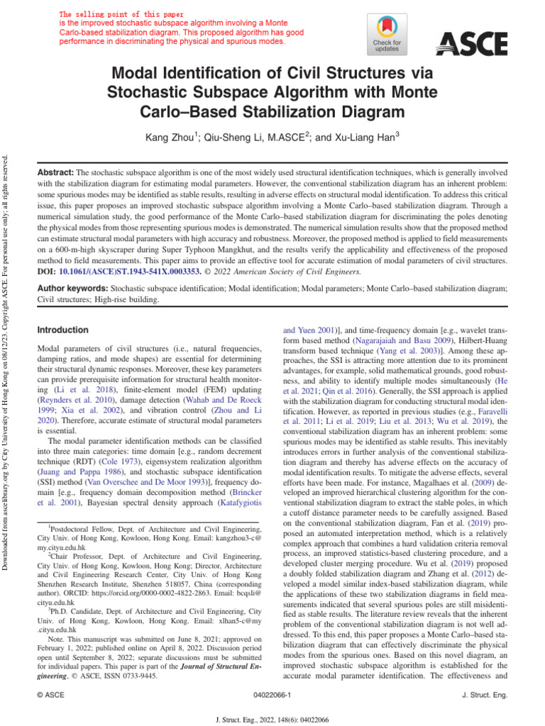Modal Identification of Civil Structures Via Stochastic Subspace Algorithm With Monte Carlo ...
