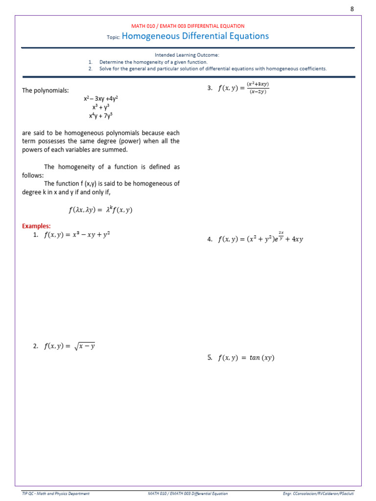 4 Homogeneous DE - To Print | PDF | Equations | Polynomial