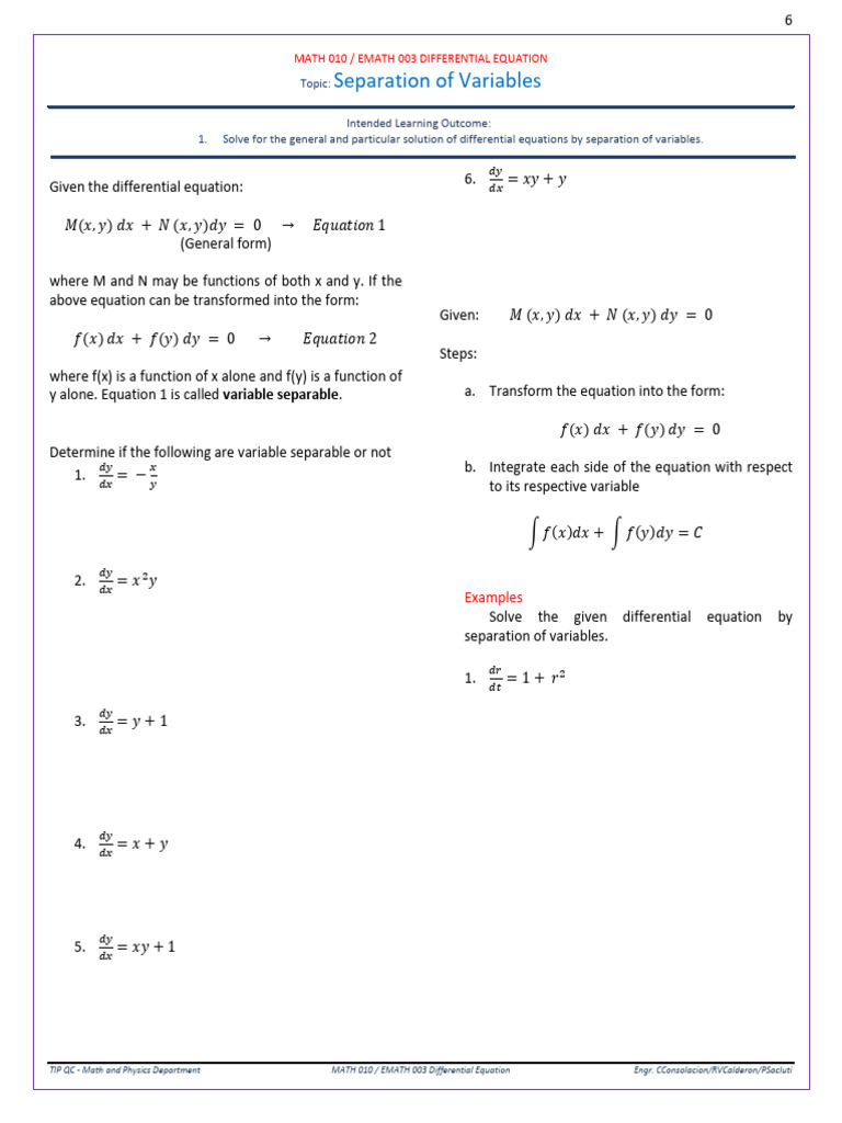 3 Separation Of Variables To Print Pdf Equations Differential Equations