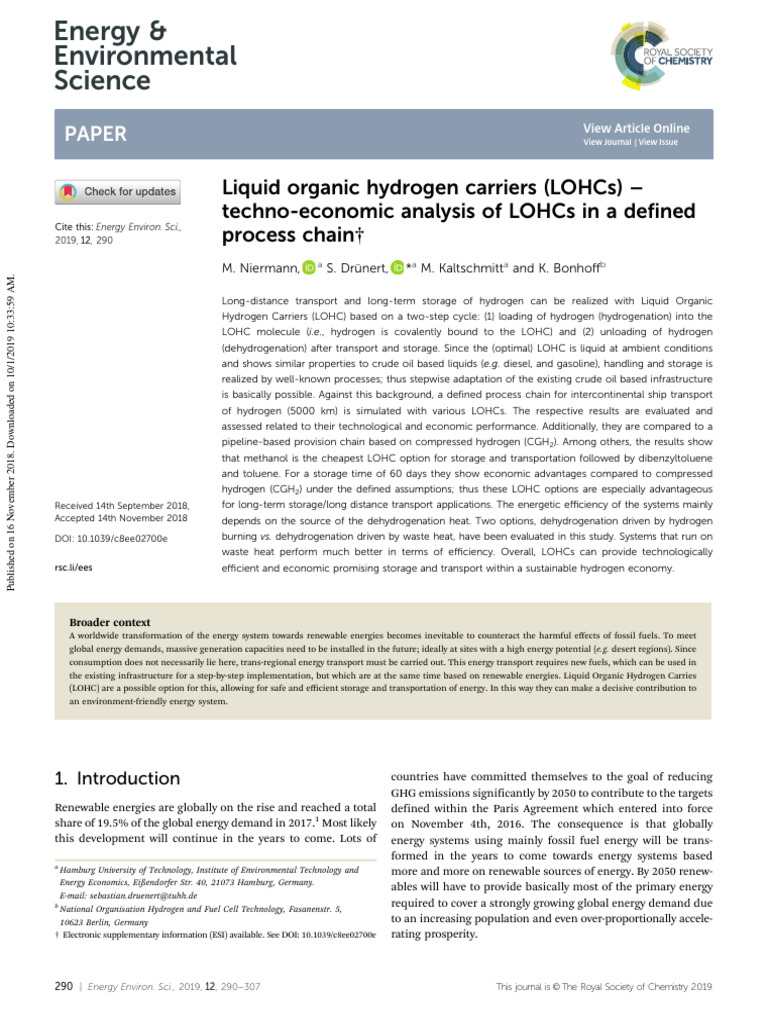 Liquid Organic Hydrogen Carriers (LOHCs) - Techno-Economic Analysis of LOHCs in A Defined ...
