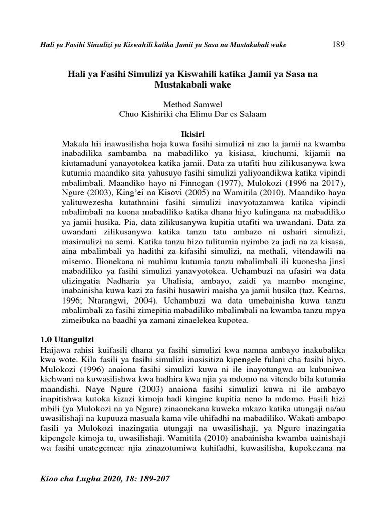Hali Ya Fasihi Simulizi Ya Kiswahili Katika Jamii Ya Sasa Na ...