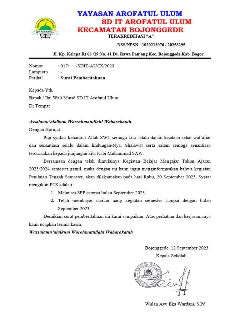 Surat Pemberitahuan PTS | PDF
