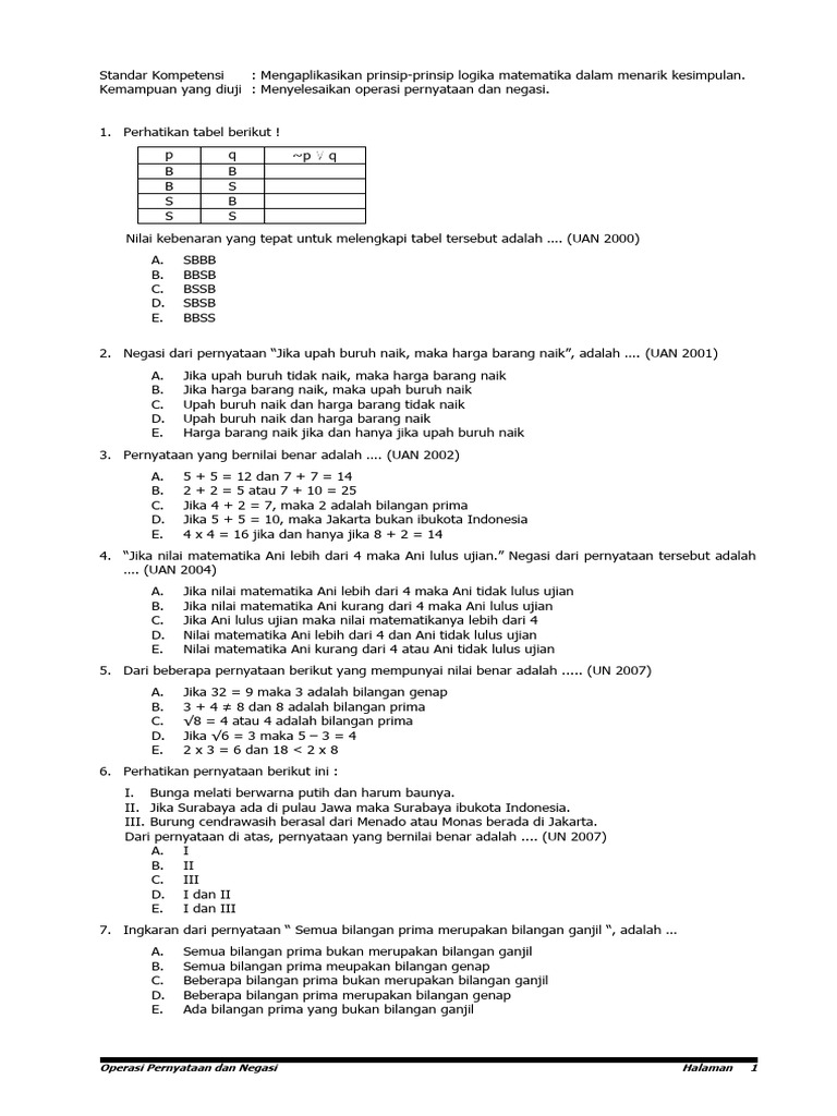 Operasi Pernyataan Dan Negasi | PDF