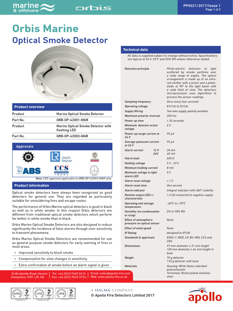PP5021 Orbis Marine Optical Smoke Detector Datasheet | PDF | Optics ...