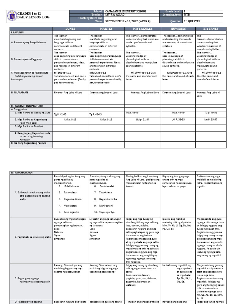 DLL - MTB 1 - Q1 - W4 | PDF | Learning | Human Communication