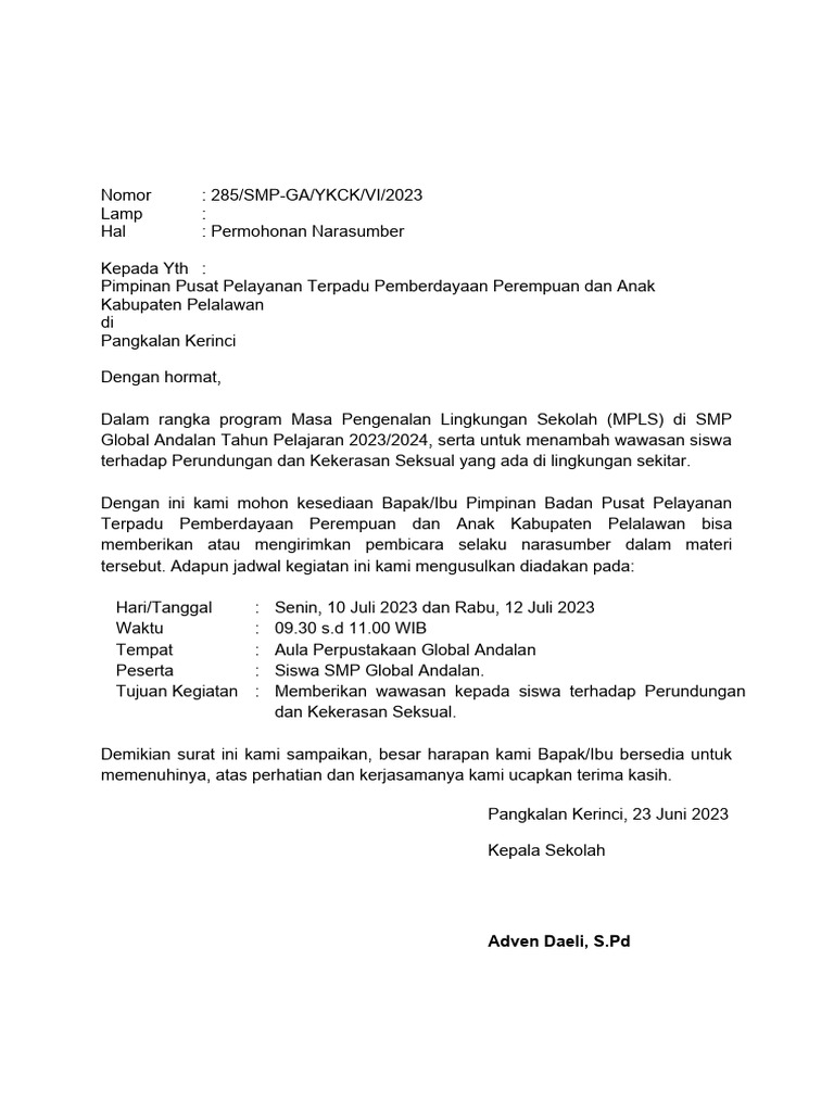 Surat Permohonan Narasumber P2TP2A | PDF | Ilmu Sosial | Pengembangan Diri