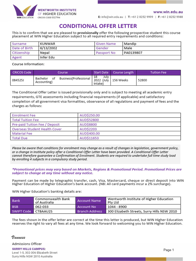 Conditional Offer | PDF | Payments | Fee
